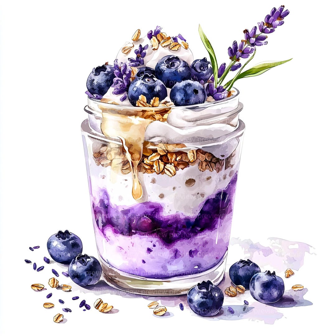 12 Watercolor Blueberry Yogurt Parfait Clipar, Healthy Breakfast (jpgs ...