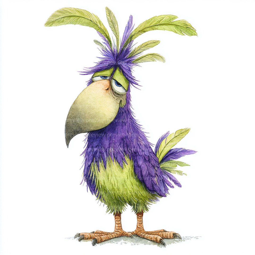 Sleepy Bird Clipart: Quirky Bird and Whimsical Watercolor (12 Jpgs ...