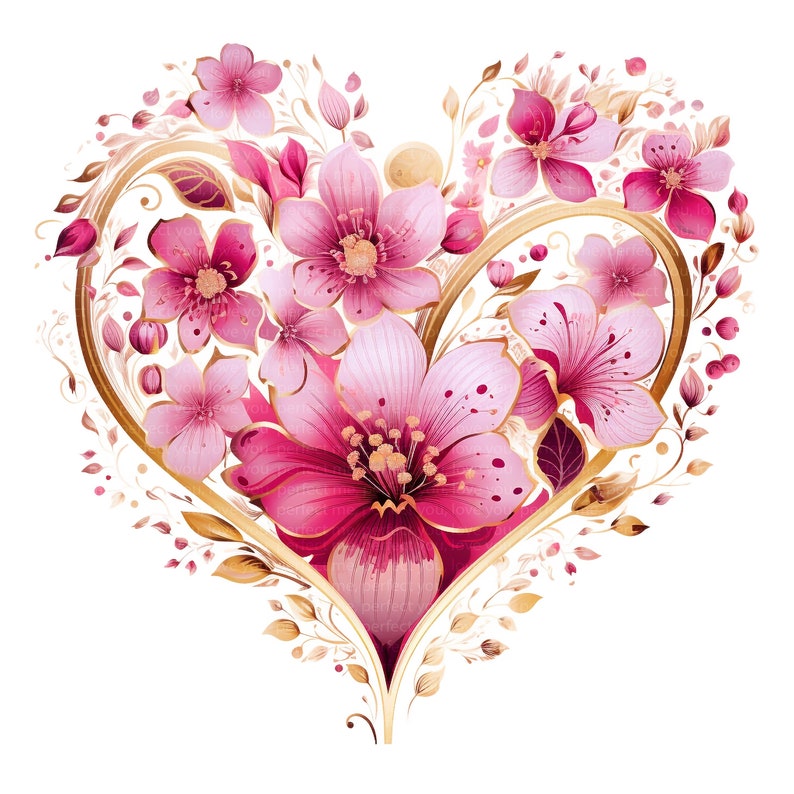 12 Floral Heart Clipart, Pink Flowers Clipart, Flowers Clipart, High ...
