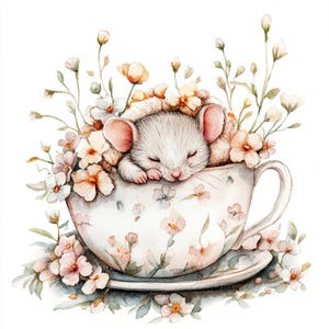 12 Cute Mouse in Teacup Clipart, Flower Tea Cup, Floral Mouse, Sleeping ...