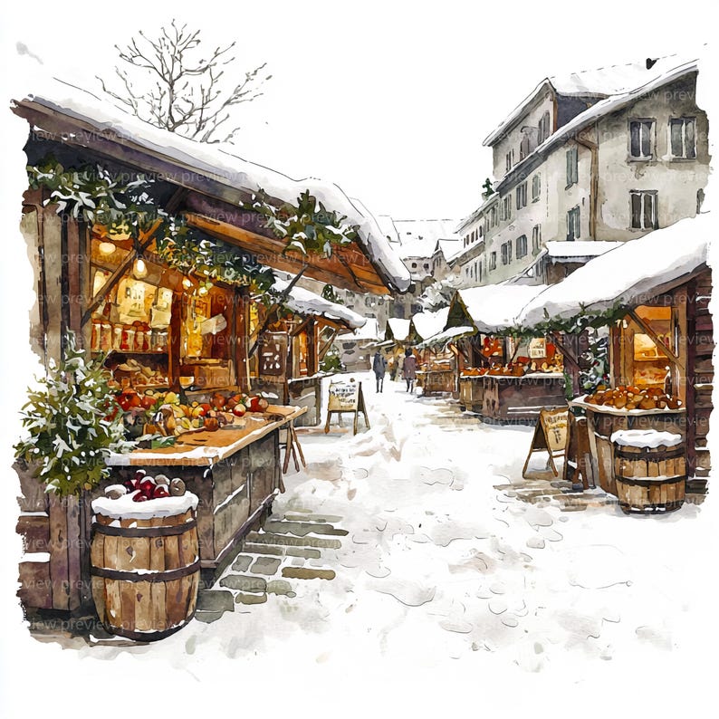12 Watercolor Snowy Town Square Clipart | Europe Winter Market Art ...