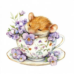 12 Cute Mouse in Teacup Clipart, Flower Tea Cup, Floral Mouse, Sleeping ...