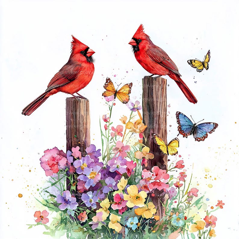 Watercolor Cardinals and Butterflies Clipart: Floral Bird Art (12 Jpgs ...