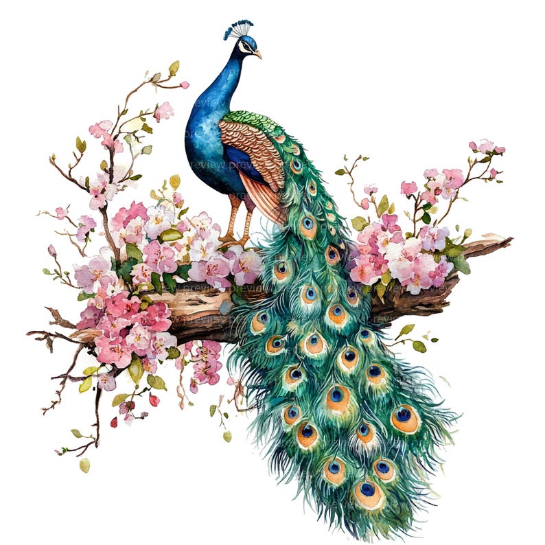 12 Floral Peacock Clipart JPG | Exotic Bird Watercolor Art | Botanical ...
