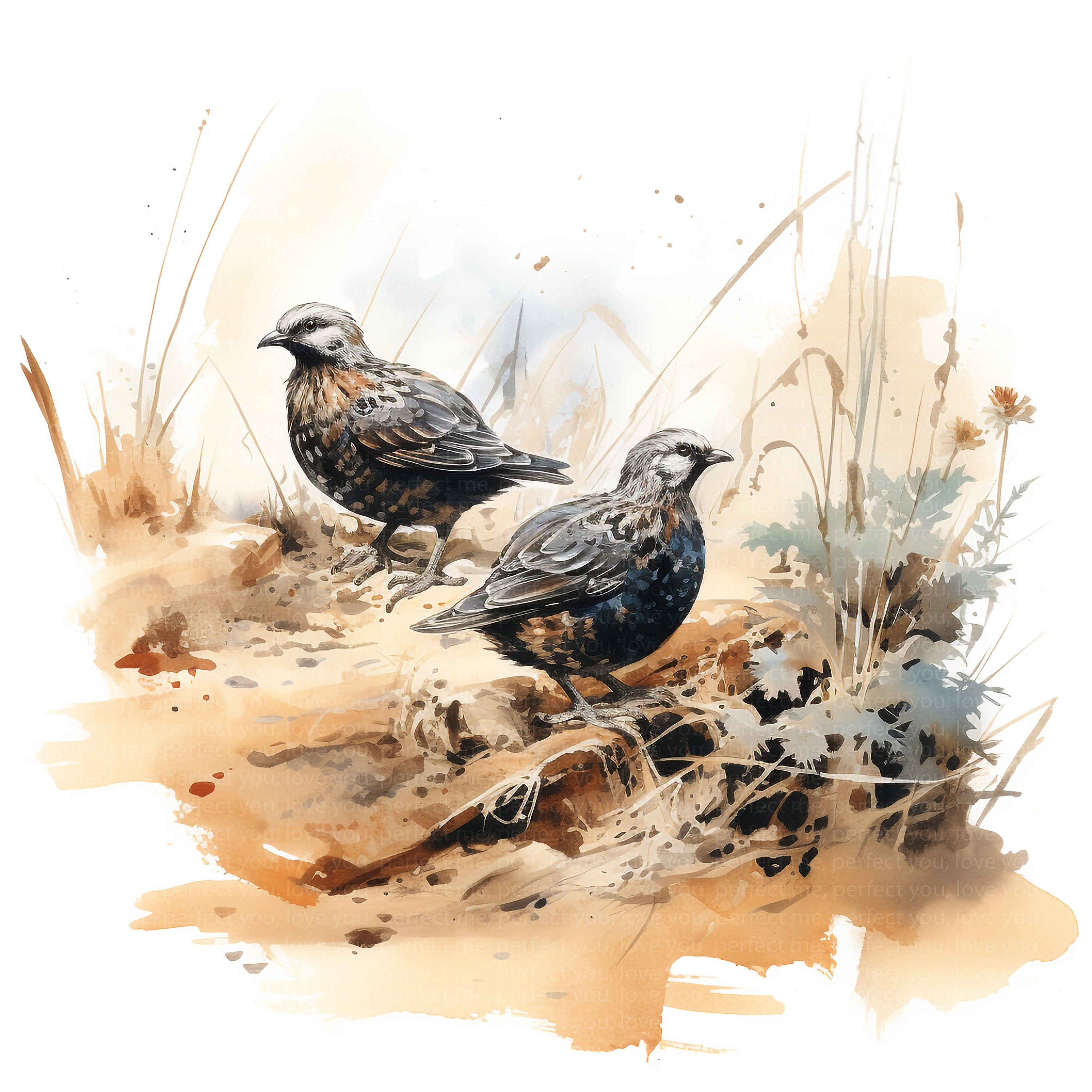 12 Quails on Ground Clipart, Watercolor Quails Clipart, High Resolution ...