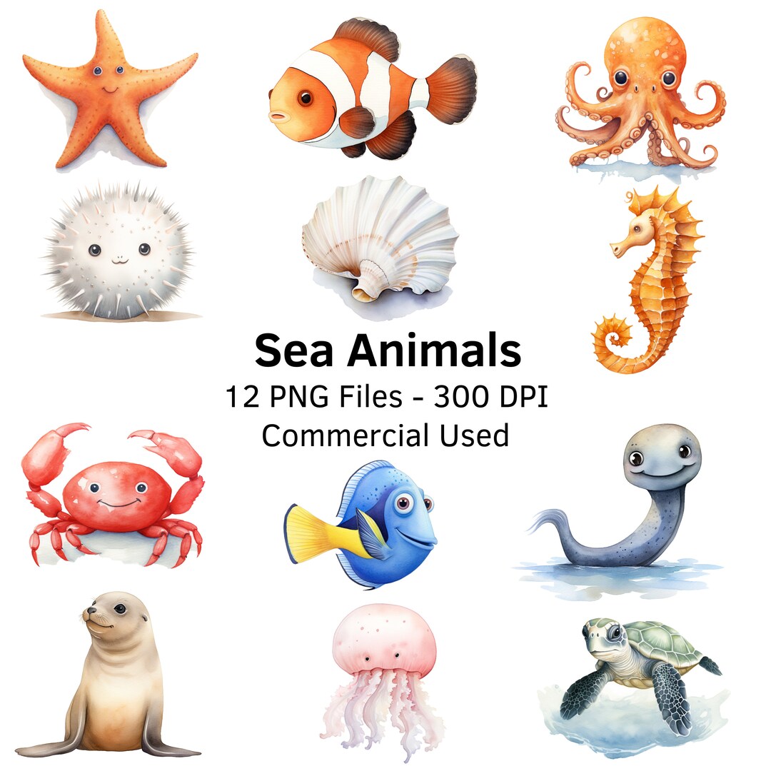 Sea Animals Watercolor Clipart, Cute Sea Animals Clipart, Sea Life ...