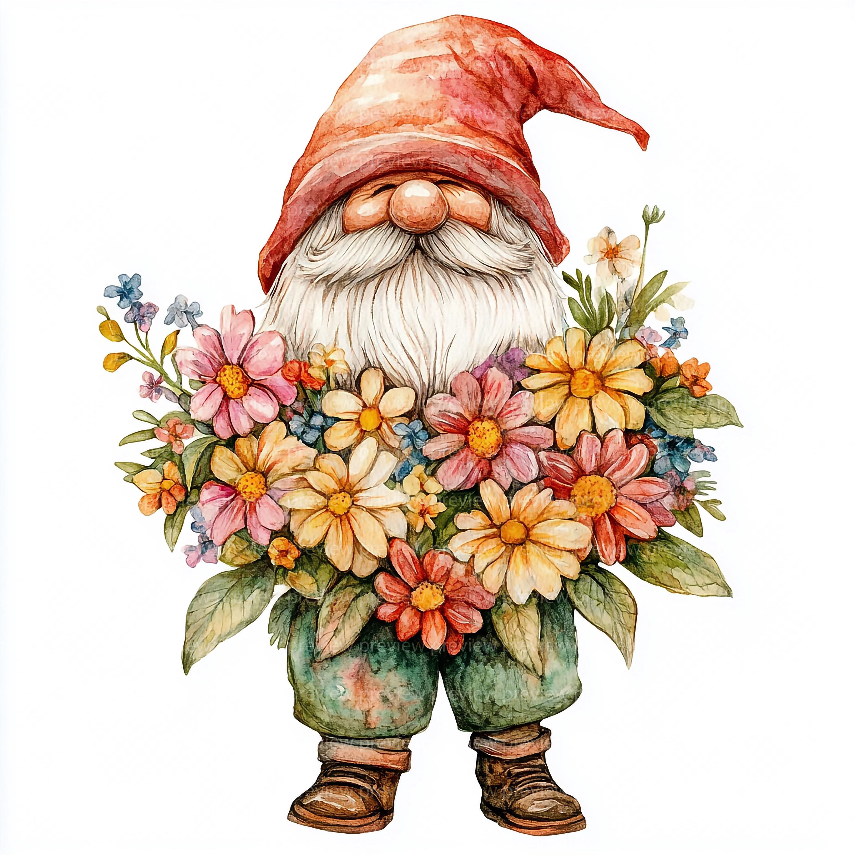 Floral Garden Gnome Clipart: Watercolor Scrapbooking Art (12 Jpgs ...