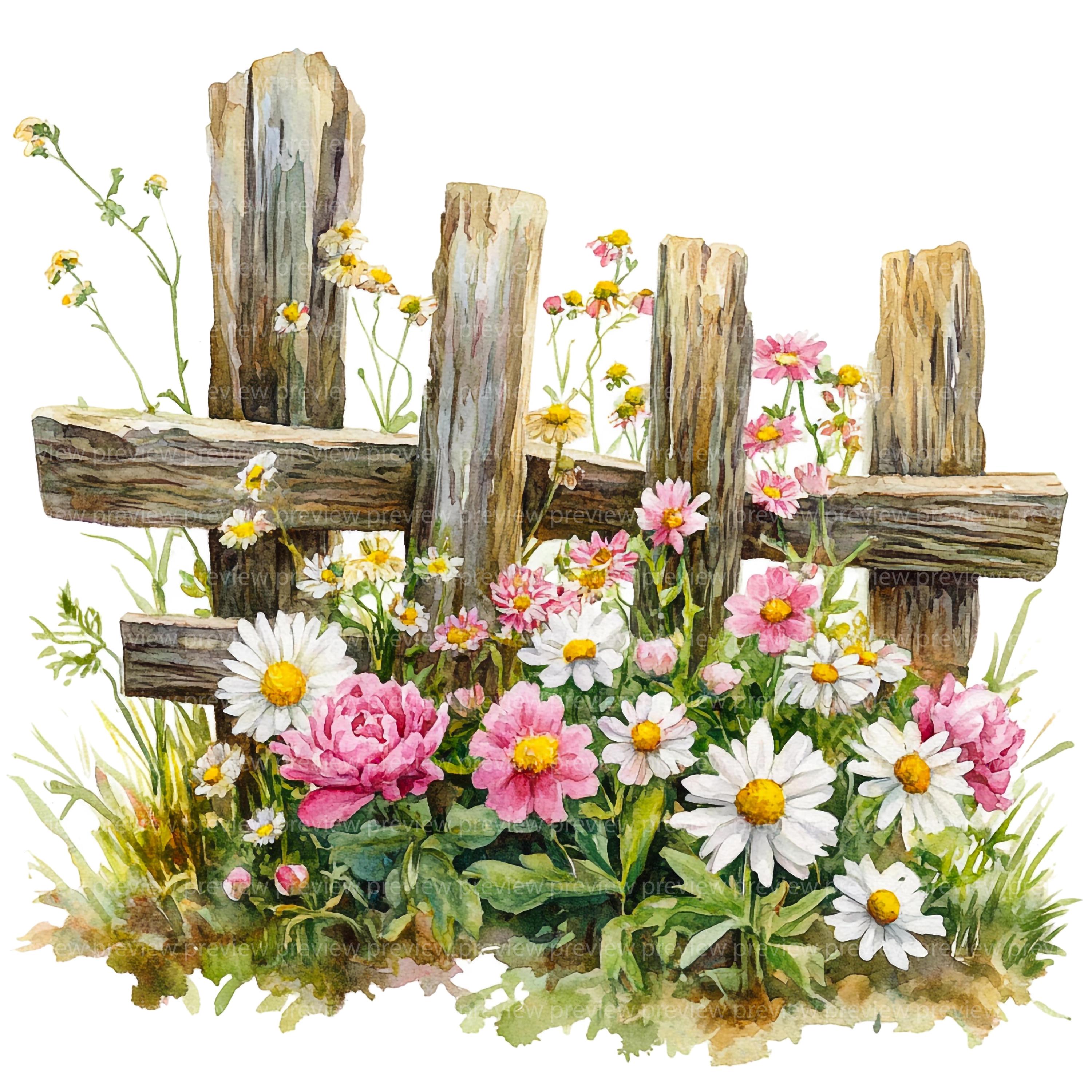 20 Spring Fence Clipart JPG | Garden Floral Watercolor Art | Rustic ...
