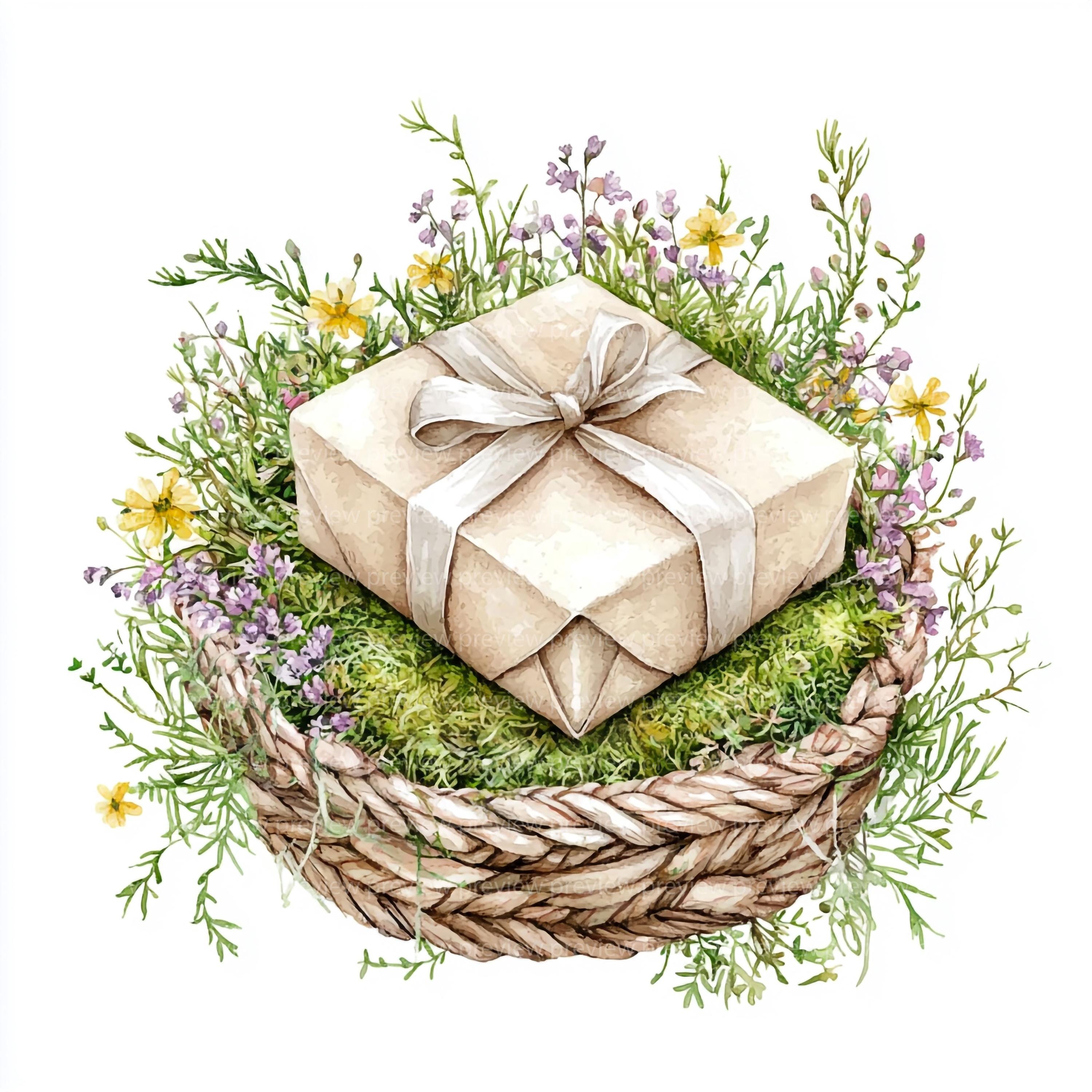 12 Watercolor Gift Box Clipart | Wildflower Basket Art (jpgs, Digital ...