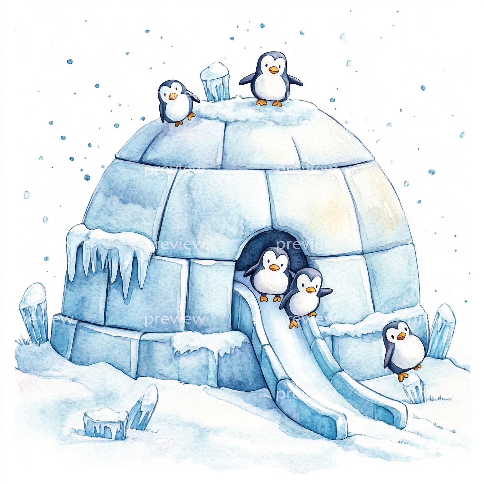 20 Watercolor Igloo Clipart, Cute Penguin Clipart | Watercolor Clipart ...