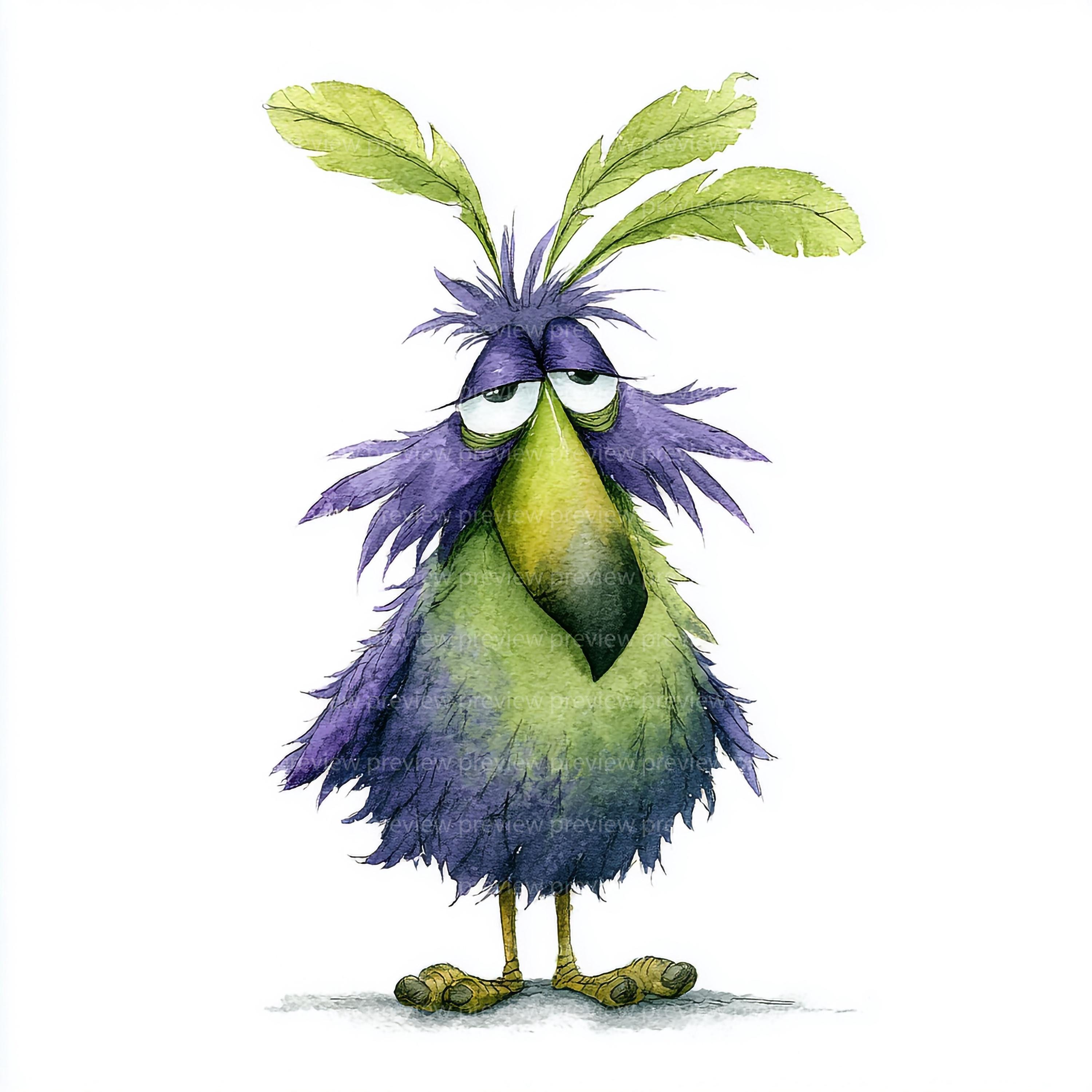 Sleepy Bird Clipart: Quirky Bird and Whimsical Watercolor (12 Jpgs ...