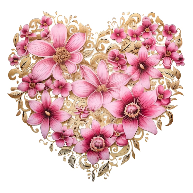 12 Floral Heart Clipart, Pink Flowers Clipart, Flowers Clipart, High ...