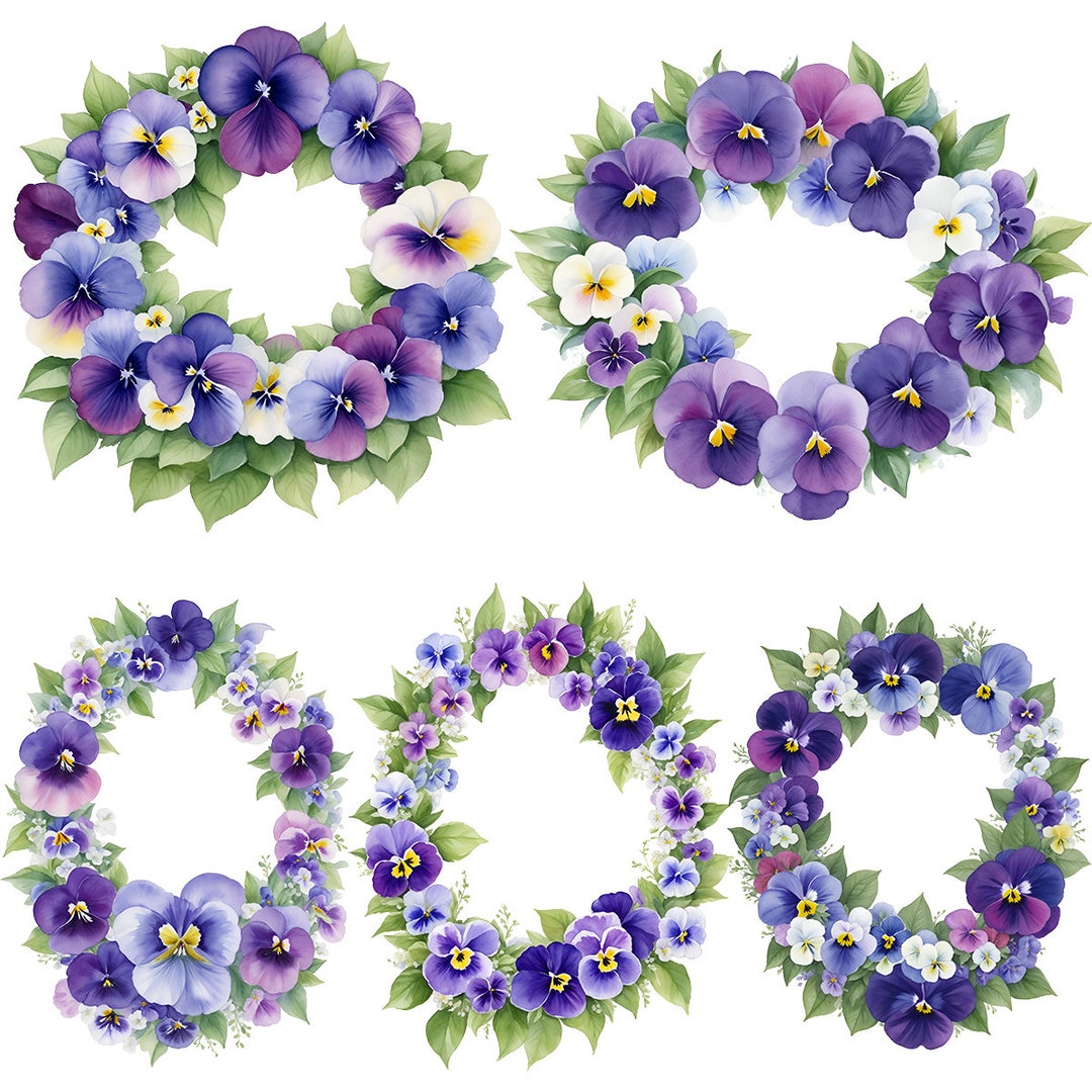 12x Pansy Flower Leaves Clip Art Wreath Clip Art Border Clip Art Bundle ...
