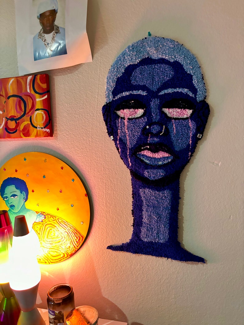 Tufted Portrait Blue, Original Artwork, Hand Tufted Art, Home Decro ...