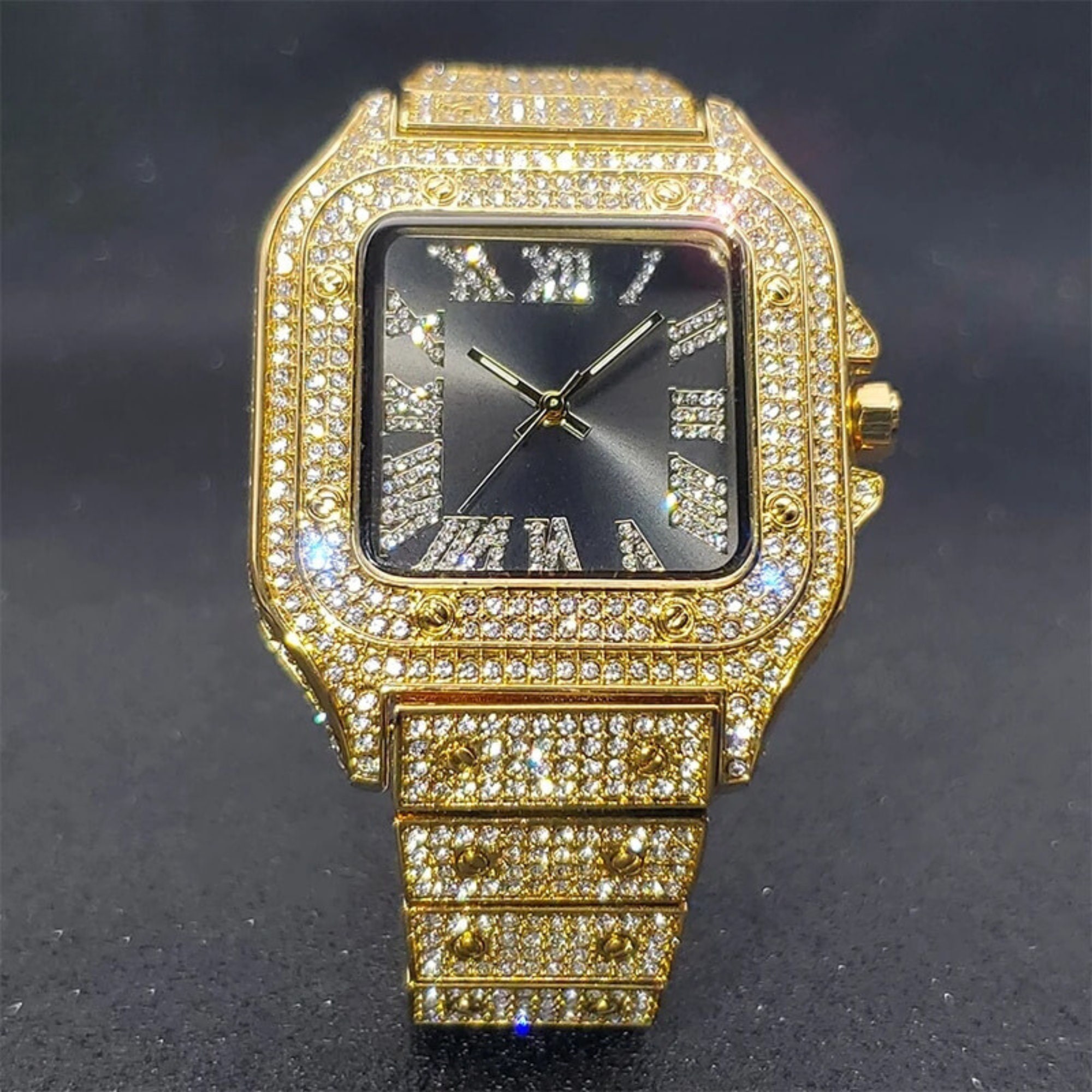 Mens Iced Out Blue Dial Hip Hop Luxury Full Ice Busted Diamond Watch ...
