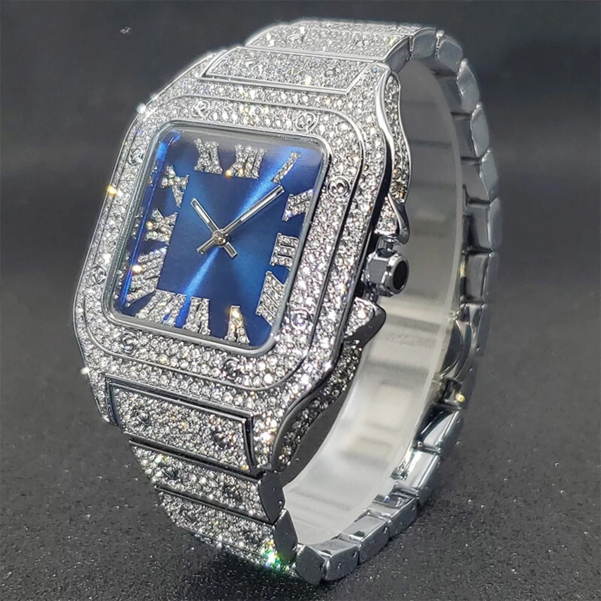 Mens Iced Out Blue Dial Hip Hop Luxury Full Ice Busted Diamond Watch ...