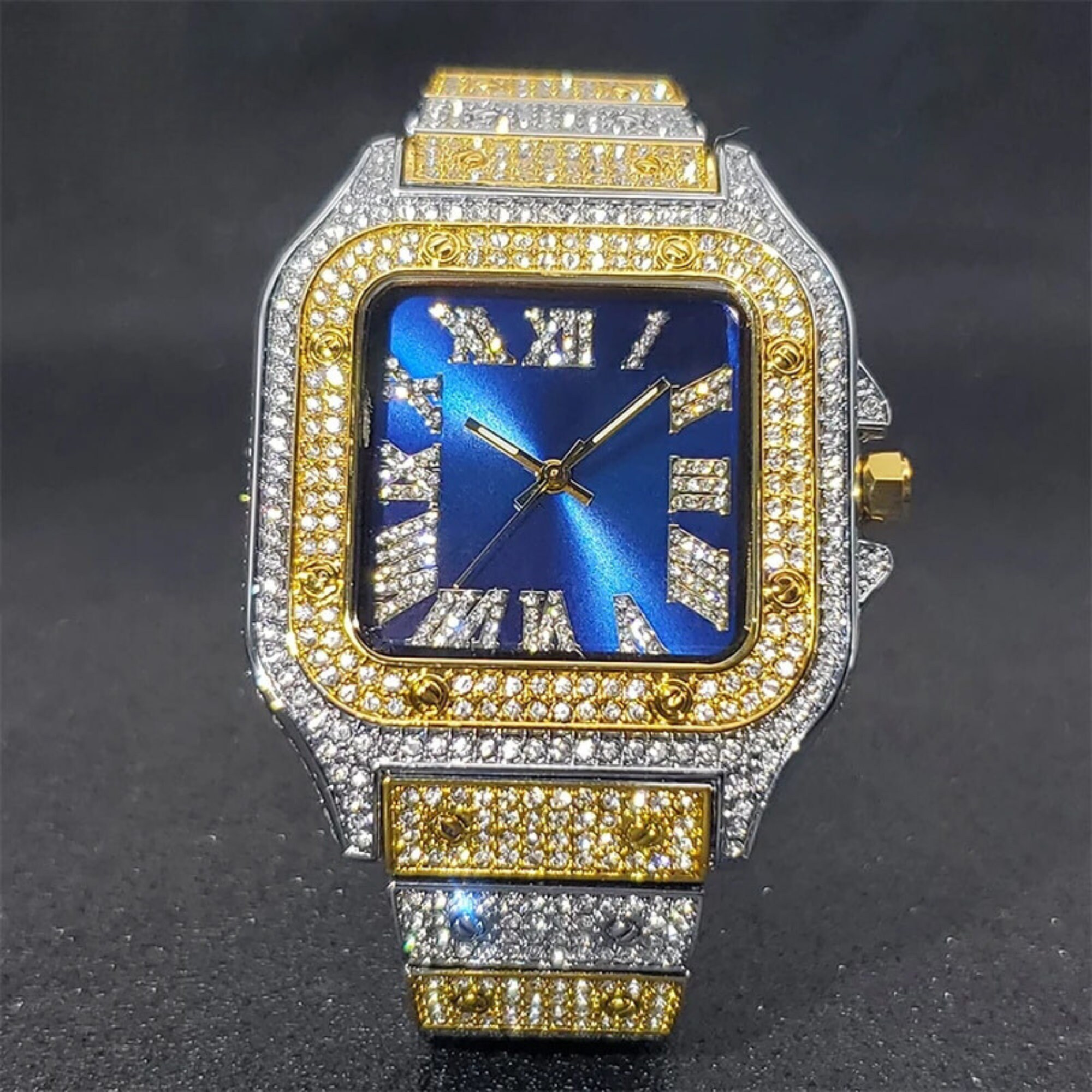 Mens Iced Out Blue Dial Hip Hop Luxury Full Ice Busted Diamond Watch ...