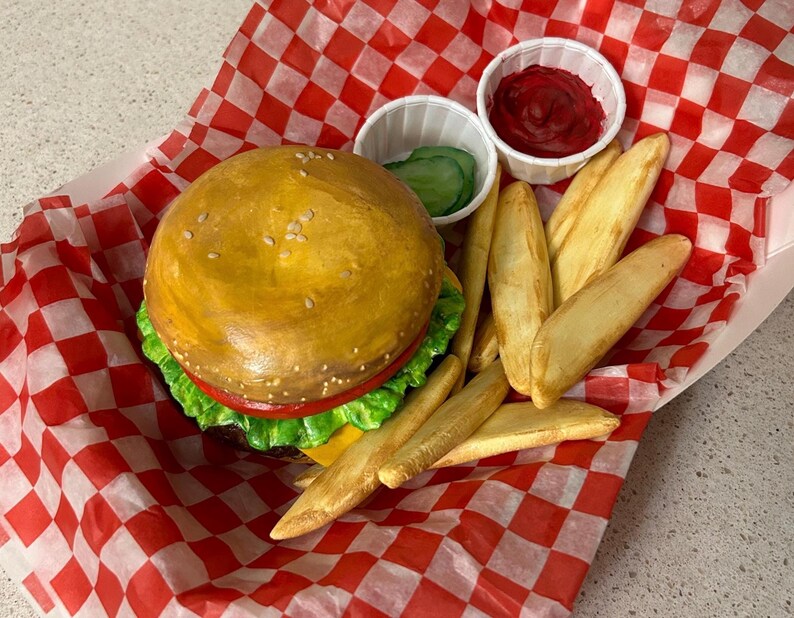 Faux Cheeseburger and French Fries Basket, Realistic Cheeseburger ...
