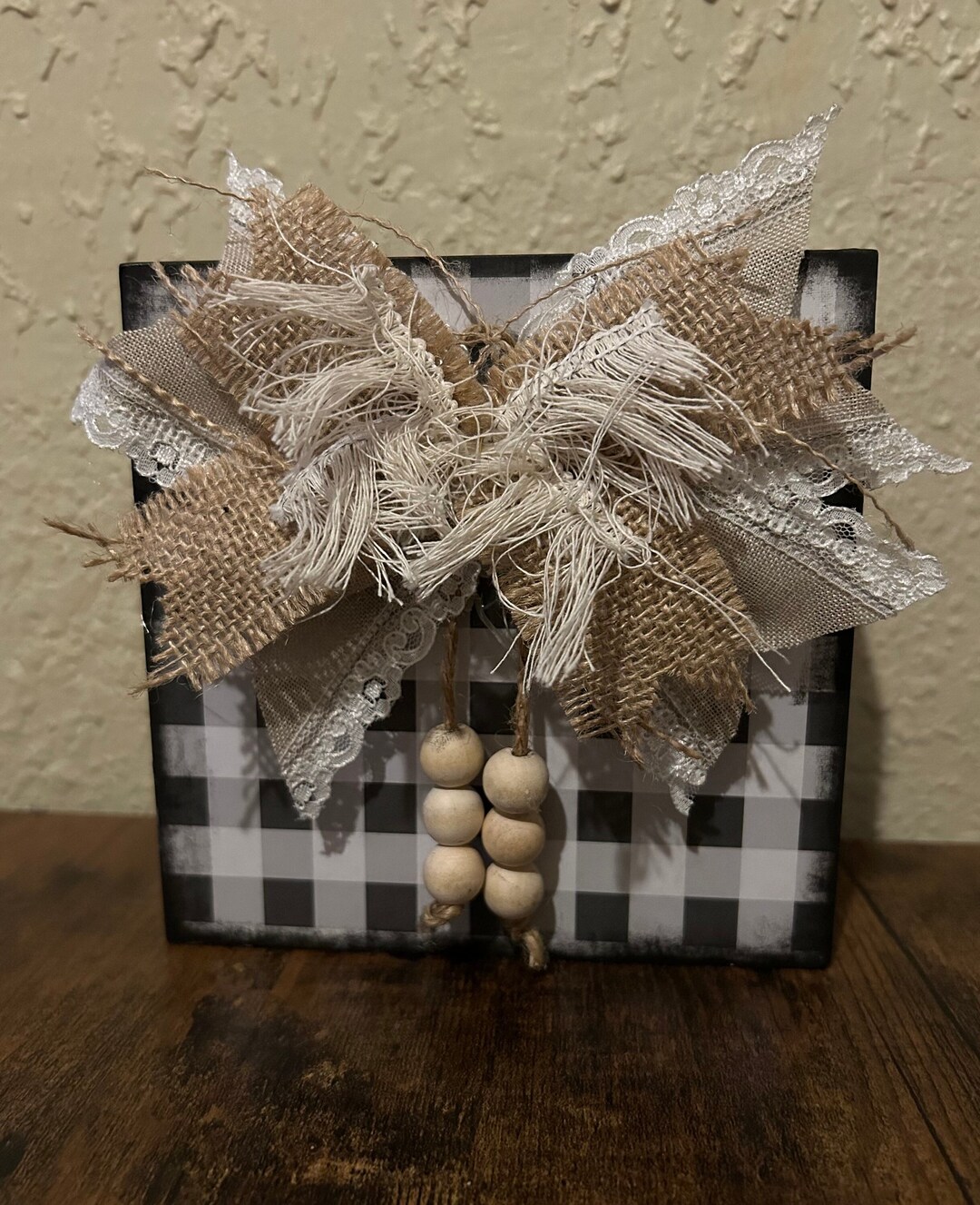 Farmhouse Checkered Decor With Burlap Bow, Cottagecore Home Decor ...