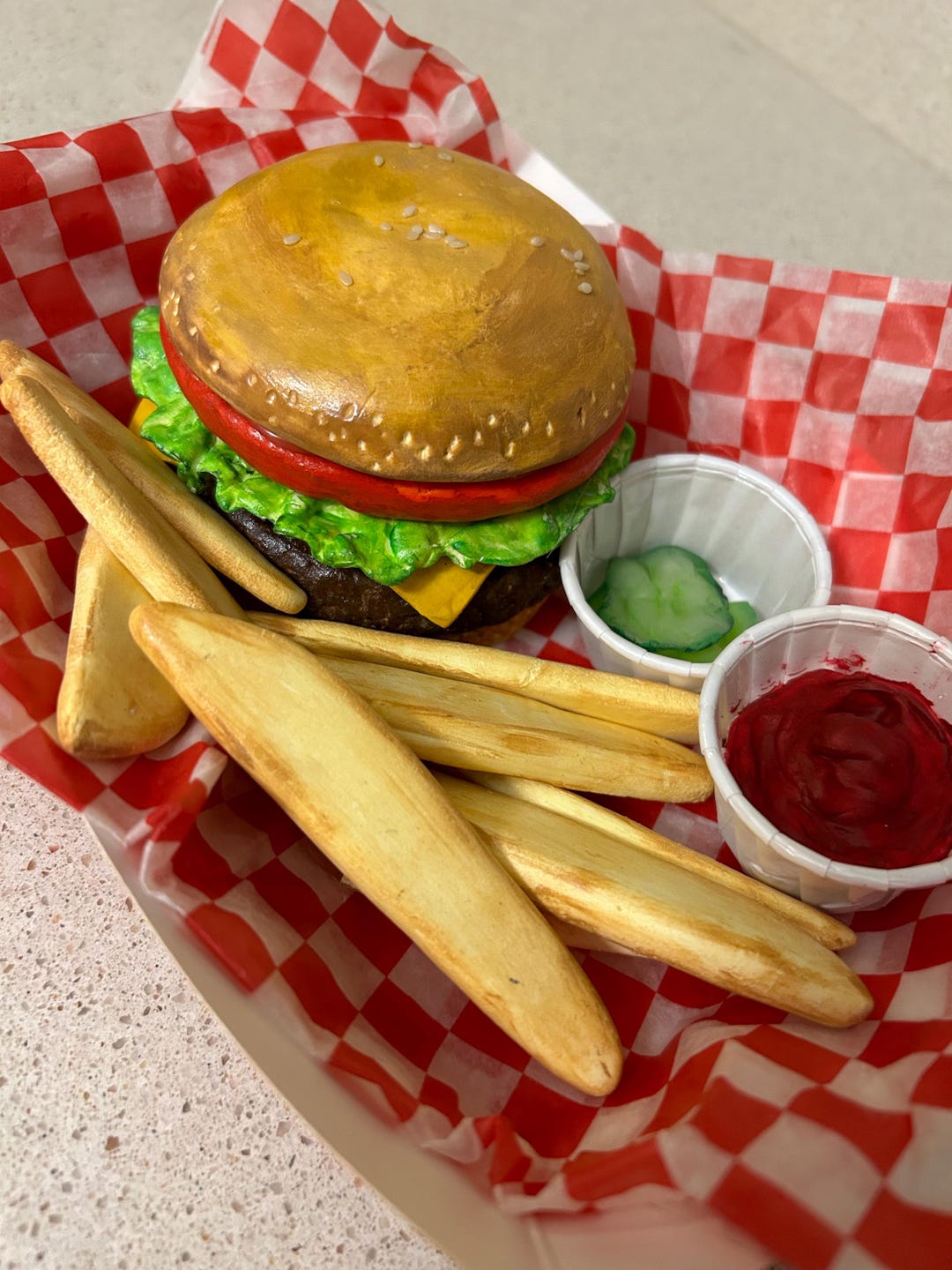 Faux Cheeseburger and French Fries Basket, Realistic Cheeseburger ...