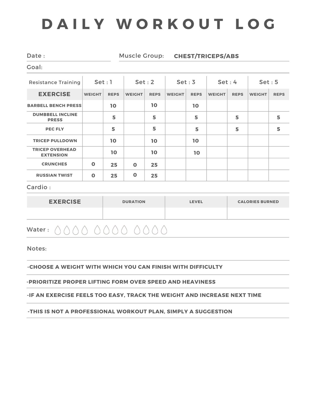 Simple Fitness Planner, Printable - Chest/triceps/abs Routine - Etsy