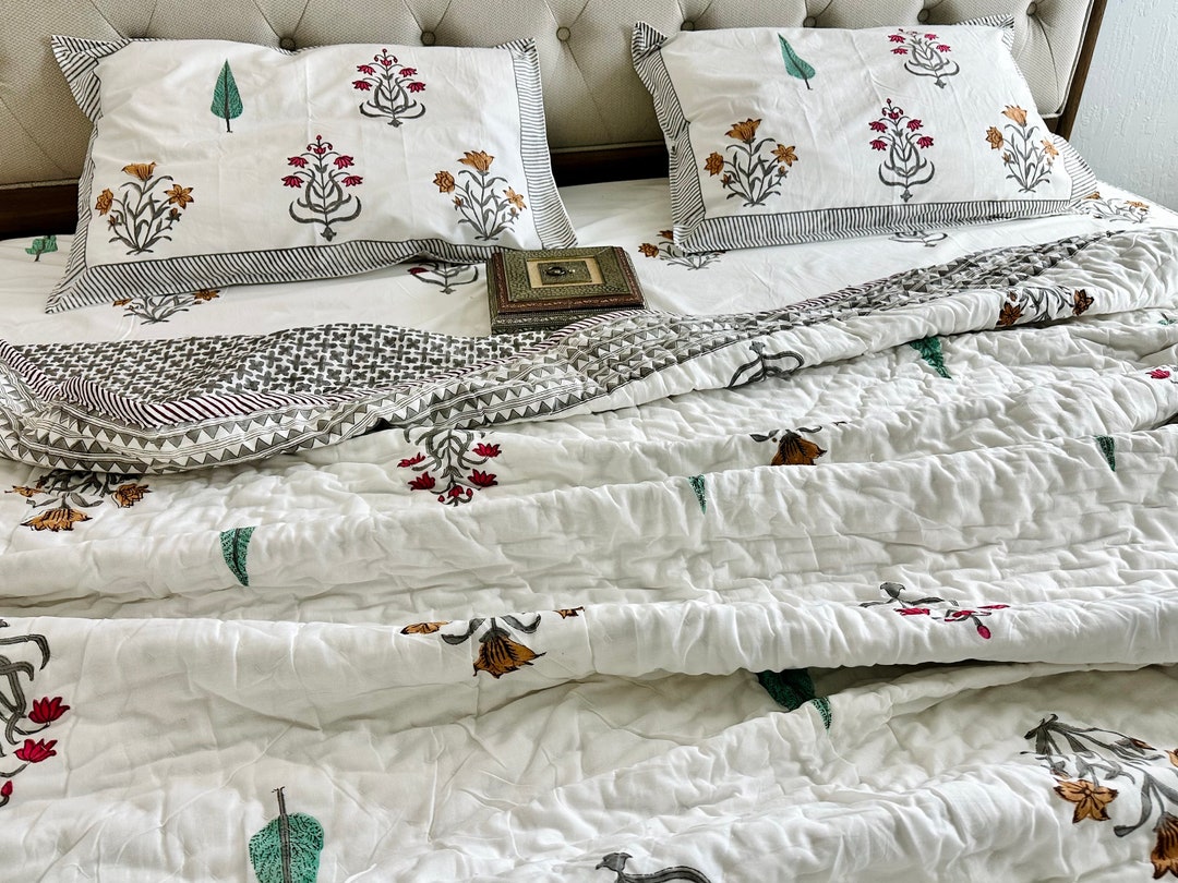 Cotton Comforter 4pc Set, Block - Print Bedspread, Queen Size Cotton ...