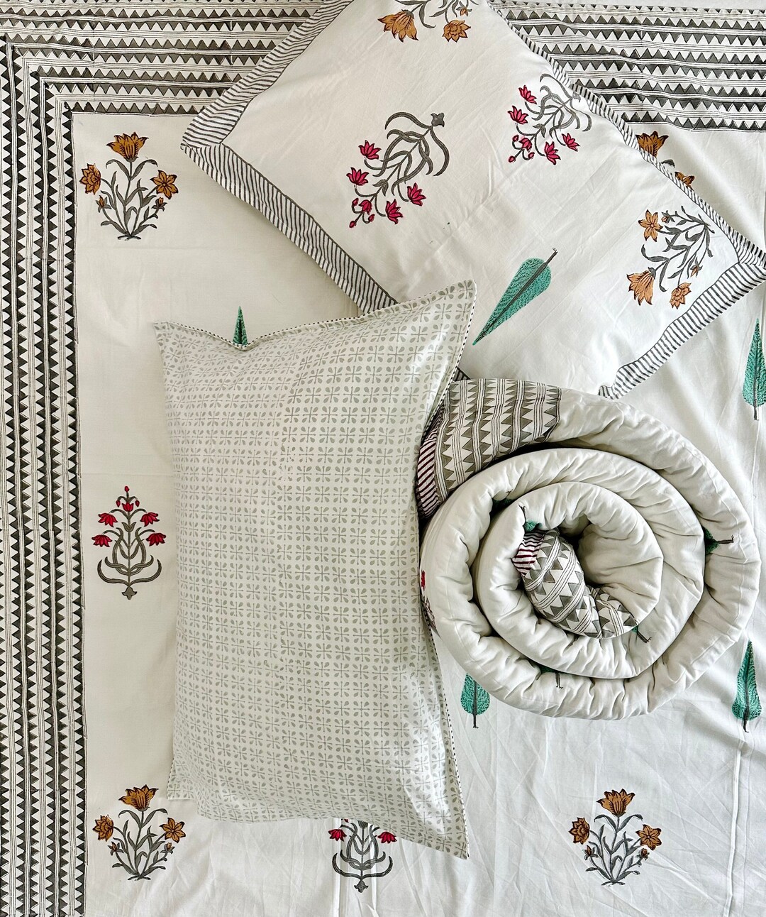 Cotton Comforter 4pc Set, Block Print Bedspread, Queen Size Cotton ...