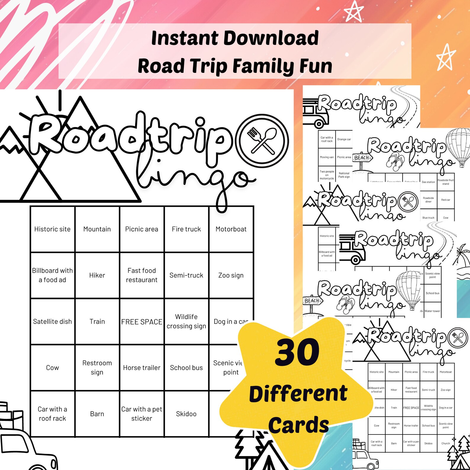 Roadtrip Game Bingo Card Printable Roadtrip Activity Travel Kit ...