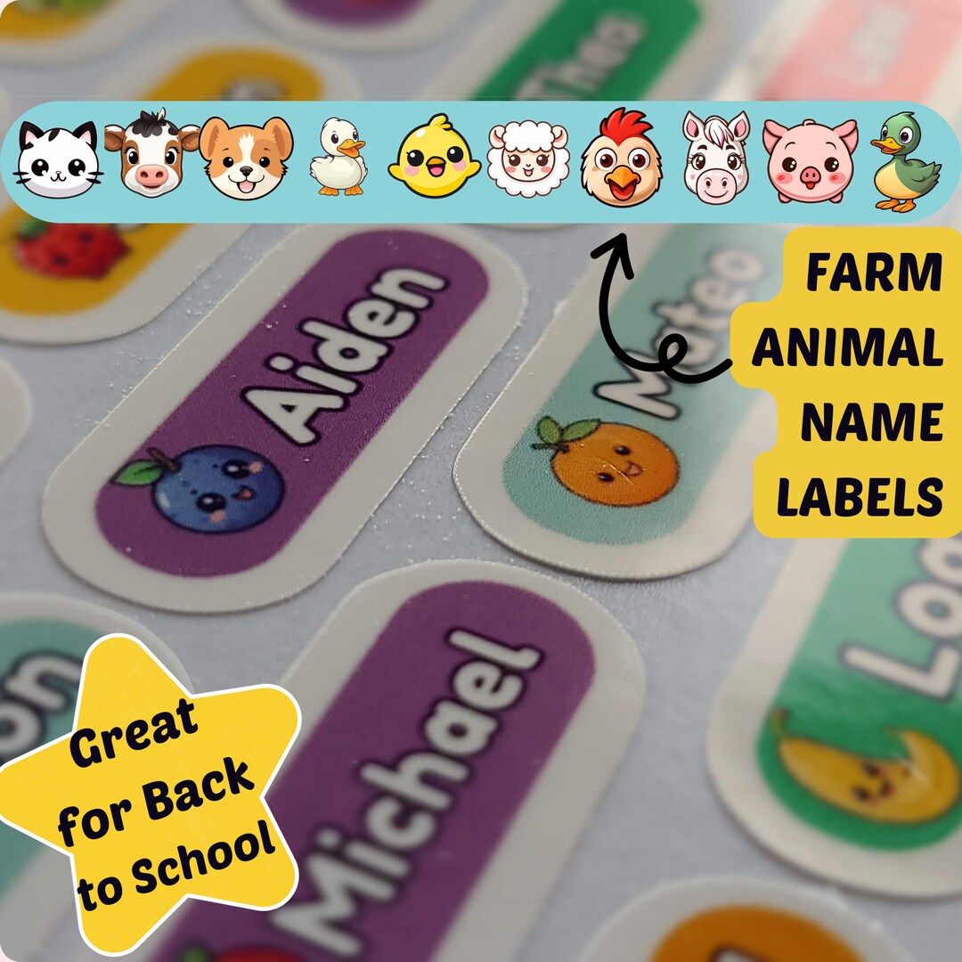 Custom Kid Name Label Farm Animal Sticker Daycare Label Dishwasher Safe ...