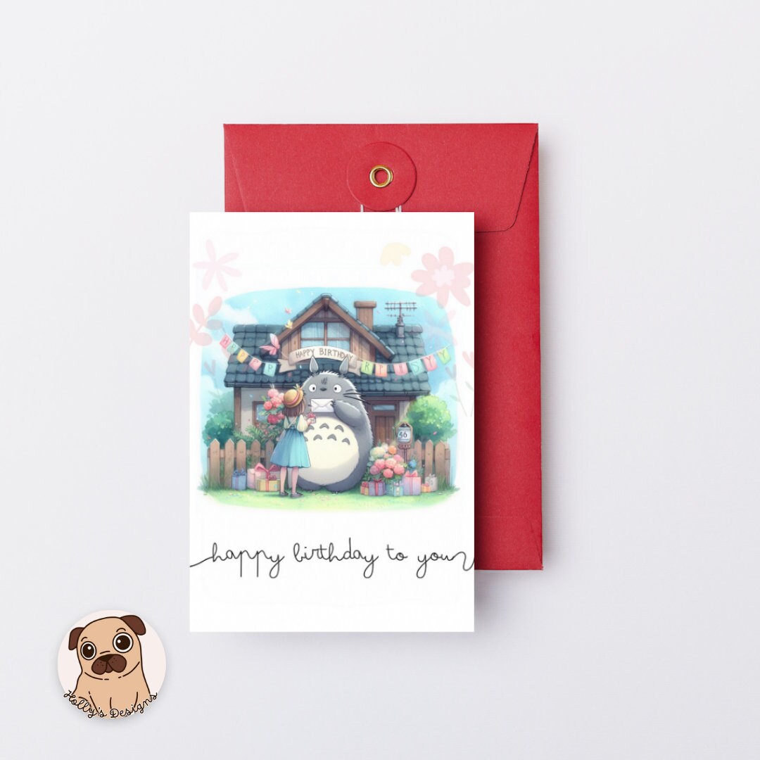 Editable, Pink Flower Totoro Happy Birthday Printable Folded Card, My ...