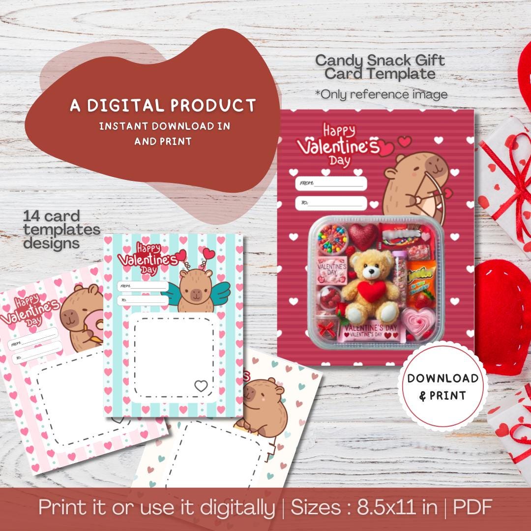 Jumbo Capybara Valentine's Day Card Bundle, Printable Candy Snack Gift ...