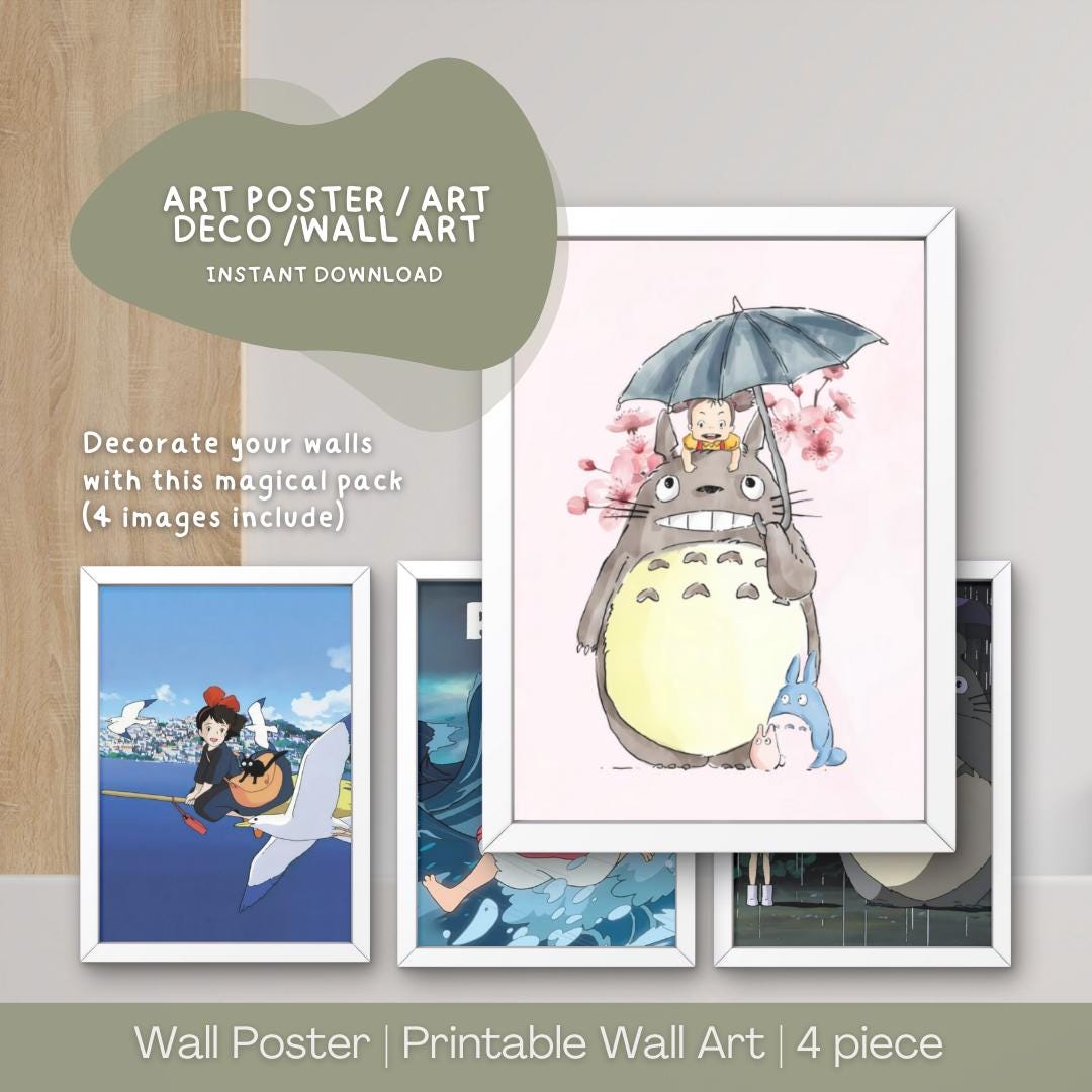 Printable Four Pieces, Kiki's Poster, Forest Spirit Gift, Vintage Anime ...