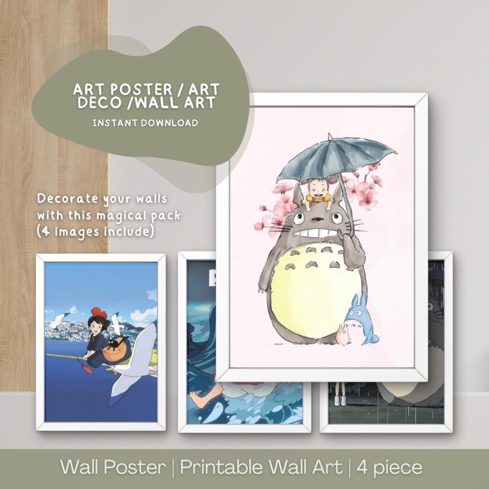Printable Four Pieces, Kiki's Poster, Forest Spirit Gift, Vintage Anime ...