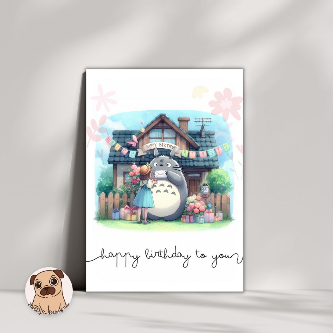 Editable, Pink Flower Totoro Happy Birthday Printable Folded Card, My ...