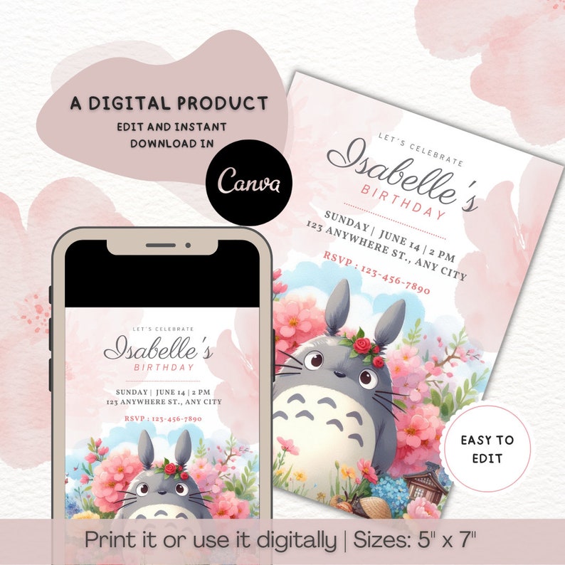 Editable Pink Totoro Birthday Invitation, Printable Totoro Invitation ...