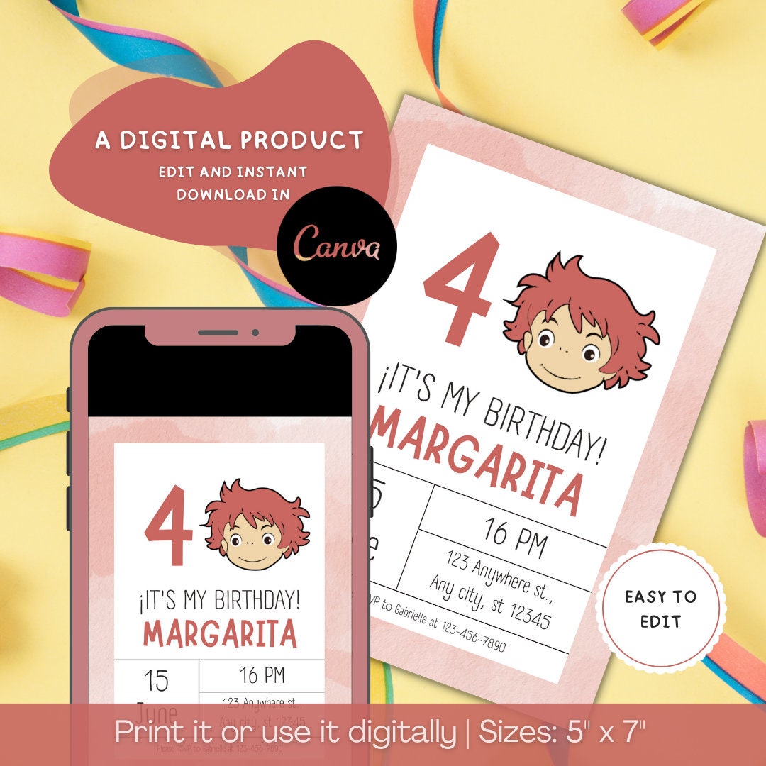 Editable Ponyo Birthday Invitation, Printable Forest Spirit Invite ...