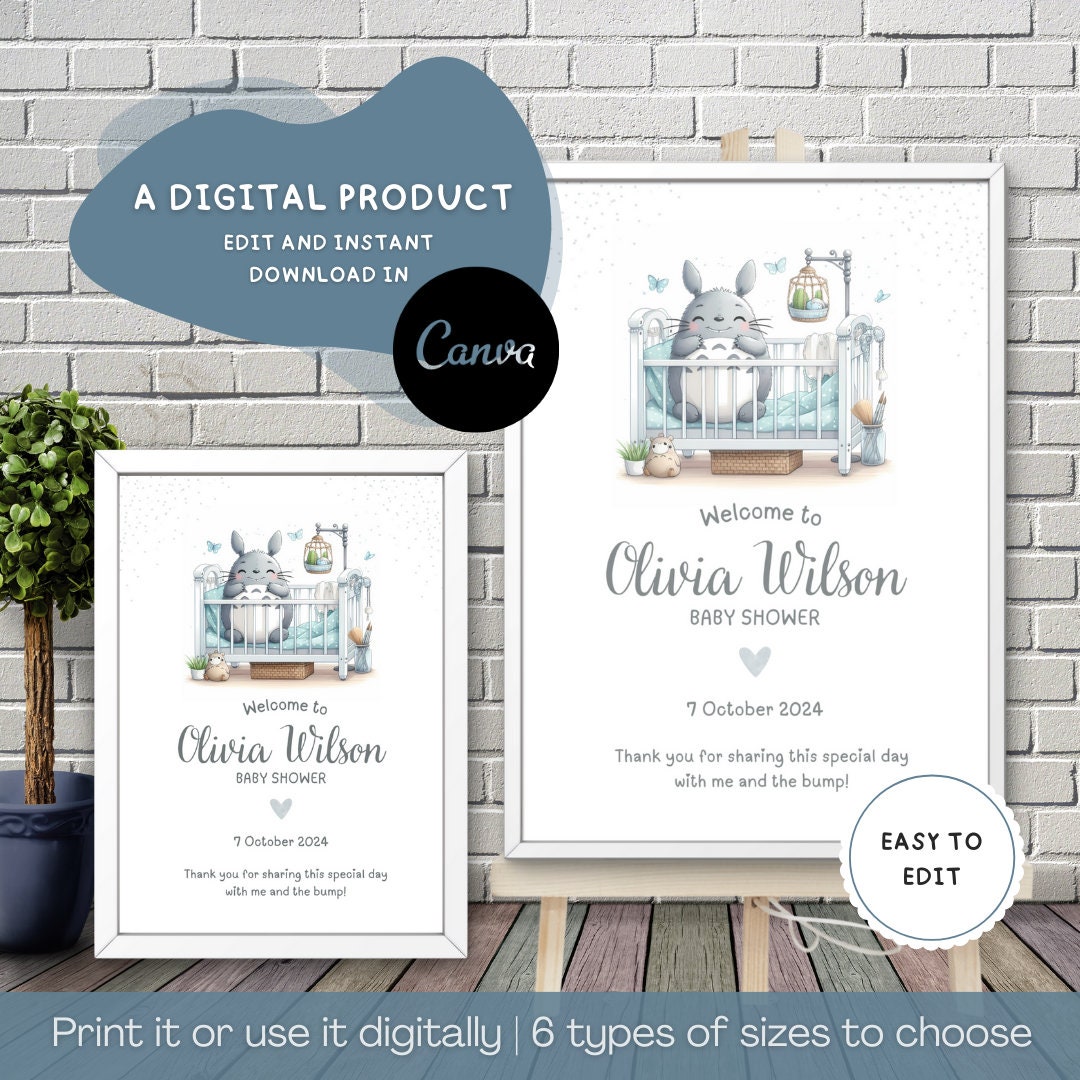 Editable Totoro Baby Shower, Blue Baby Shower Totoro Poster, Boho Baby ...