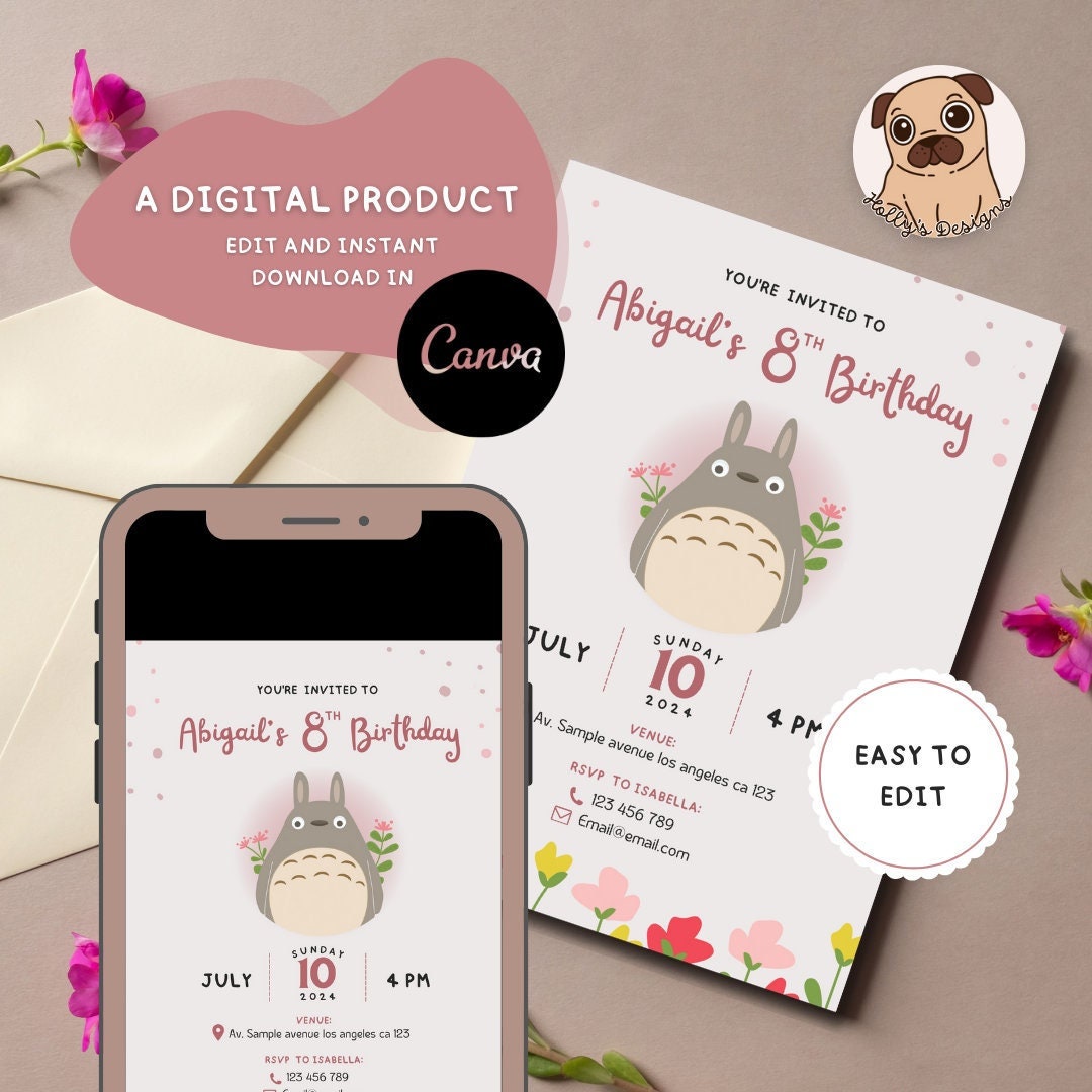 Editable Totoro Birthday Invitation, Printable Totoro Invitation Template, Studio Ghibli Party ...