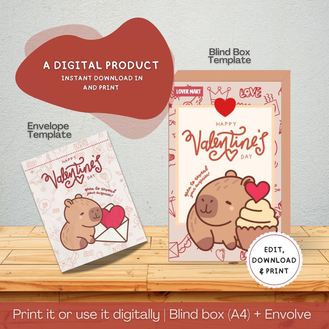 Editable Capybara Valentines Blind Box Template, Envolve Themed, Favor Gift Boxes, DIY Love Day ...