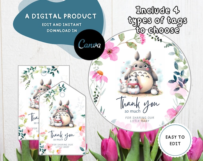 Totoro Thank You Tags | Gift, Party Favor Tags, Cute, Chibi, Themed ...