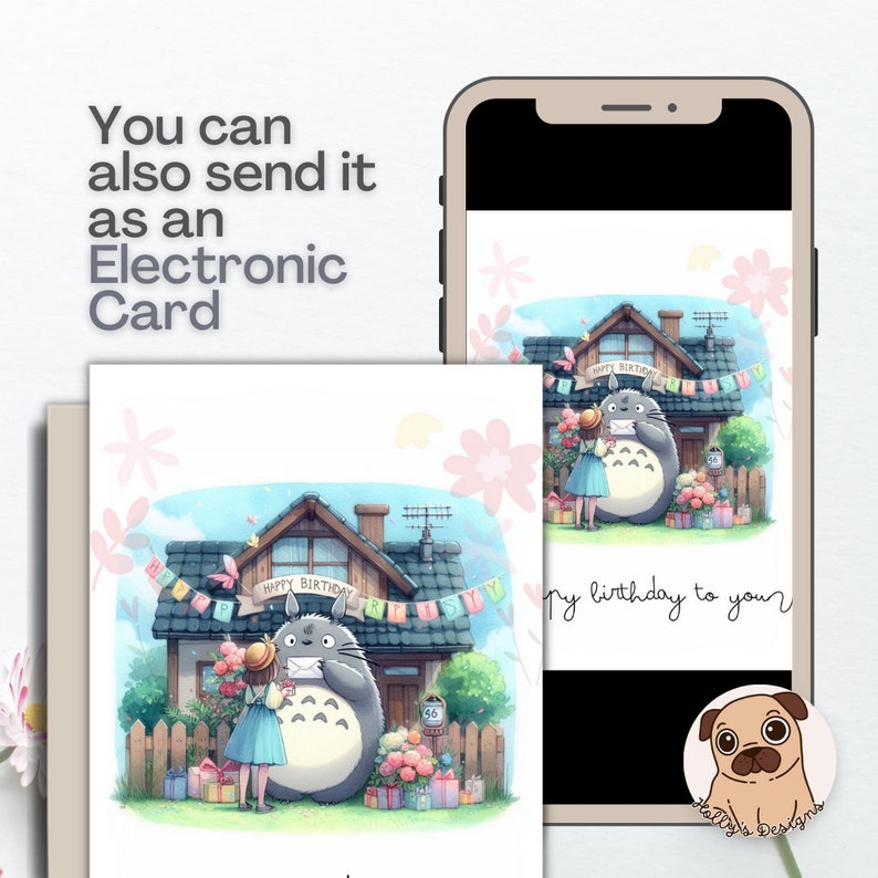 Editable, Pink Flower Totoro Happy Birthday Printable Folded Card, My ...