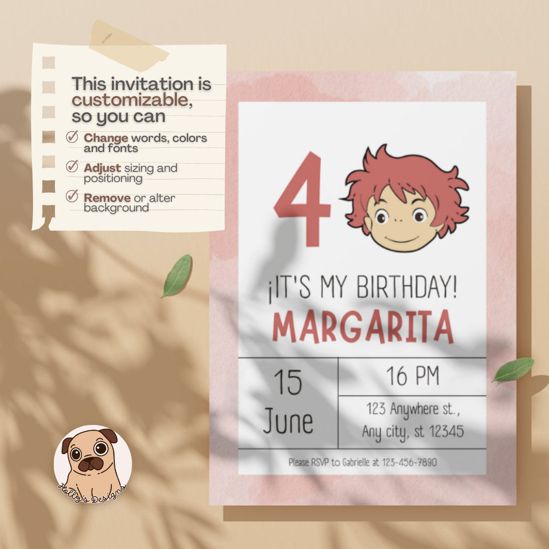Editable Ponyo Birthday Invitation, Printable Forest Spirit Invite ...