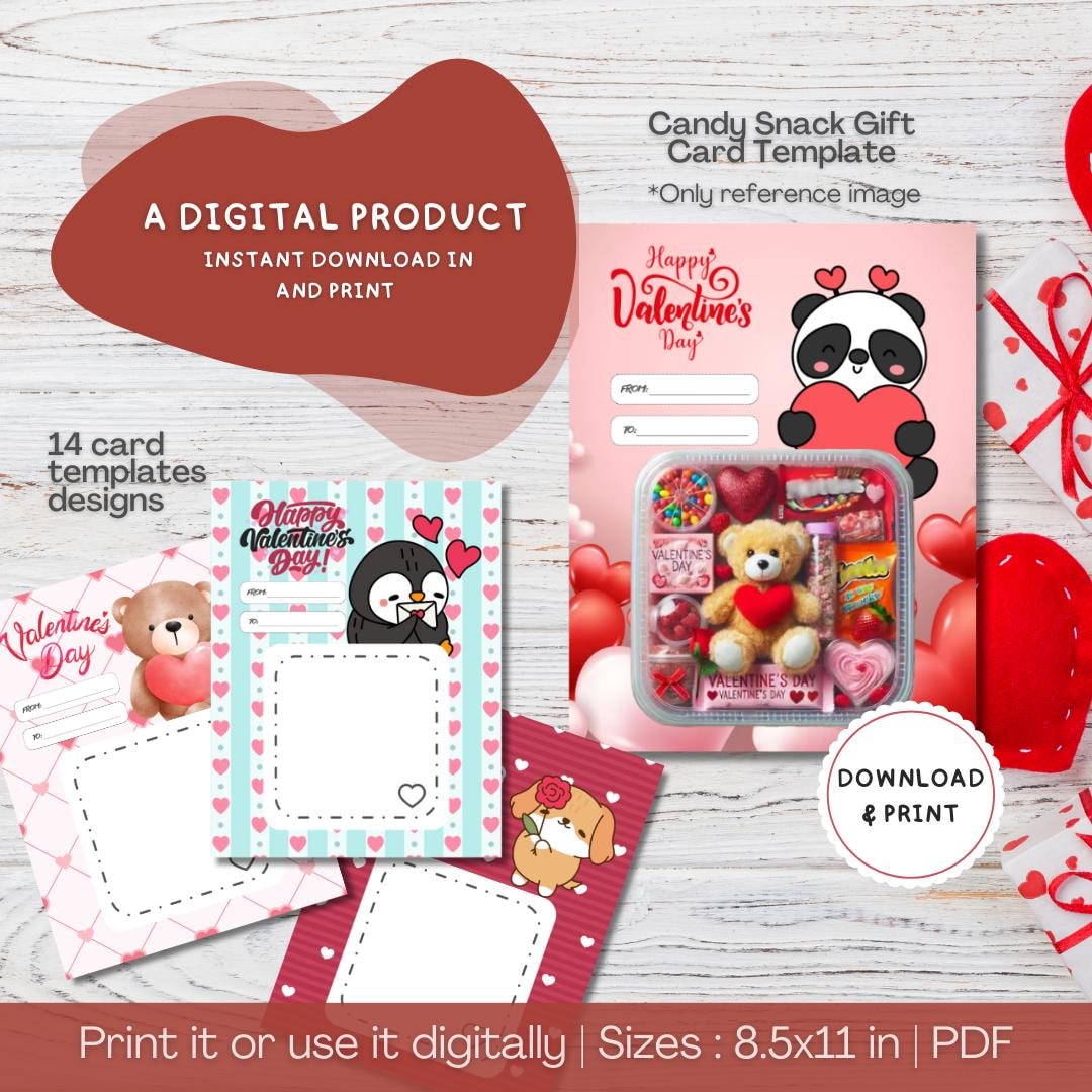 Jumbo Classroom Valentine's Day Card Bundle, Printable Candy Snack Gift ...