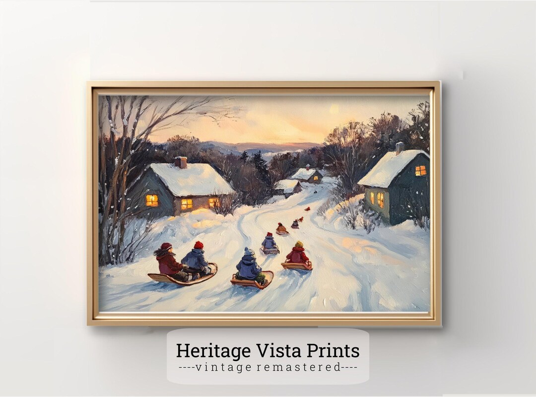 Winter Village Sledding Scene: Vintage Holiday Wall Art (digital ...