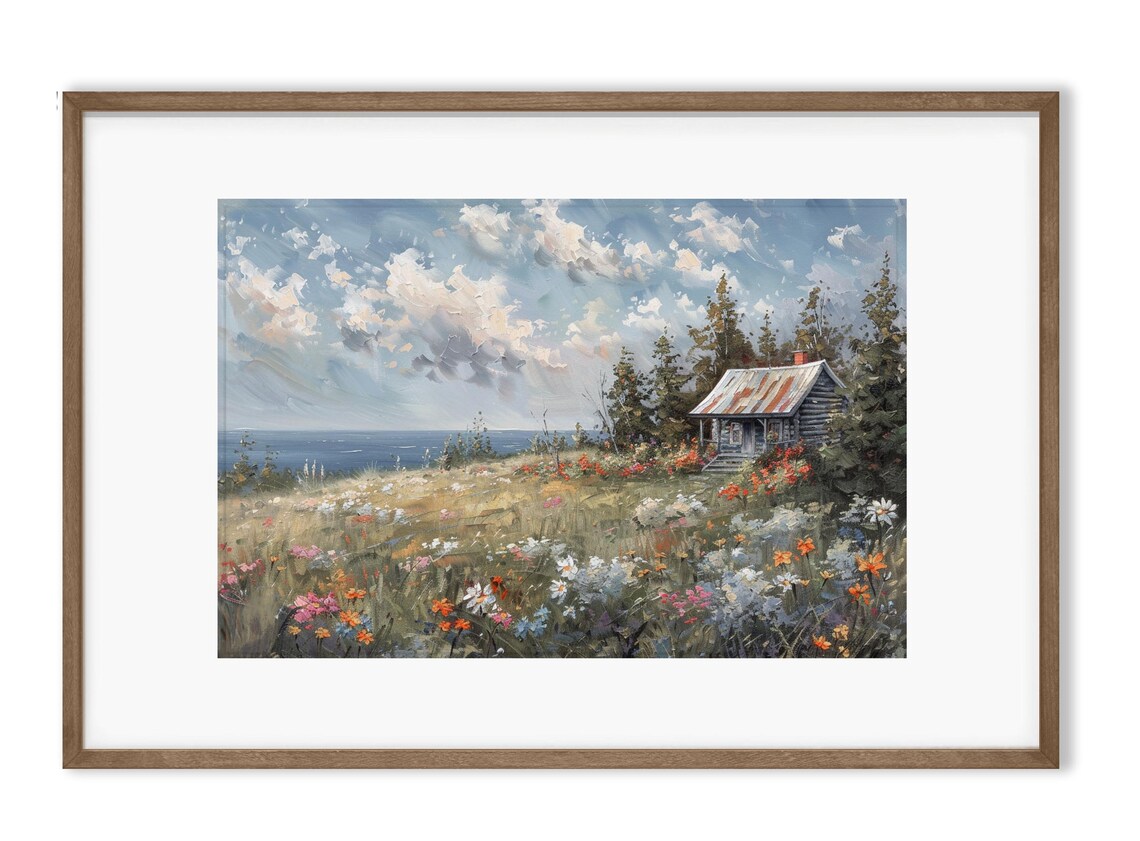 Rustic Cabin Landscape | Wildflower Meadow Coastal Wall Art | Peaceful ...