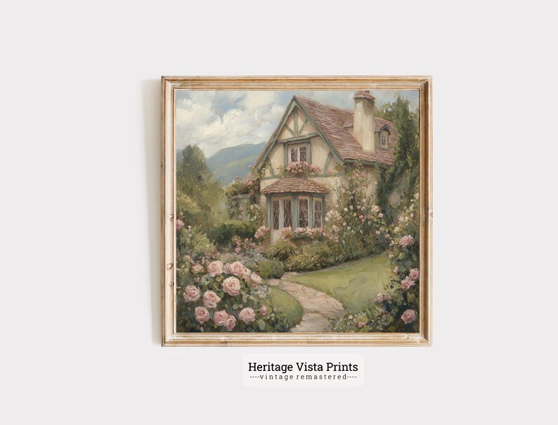 Vintage Cottage Wall Art, Rustic Country Home Print, Rose Garden ...