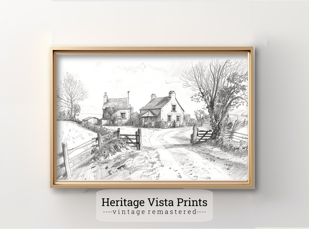 European Farmhouse Line Drawing: Vintage Cottage Illustration (digital ...