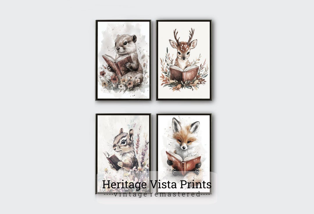 Woodland Animals Reading Books Art Prints: Nursery Decor (digital ...