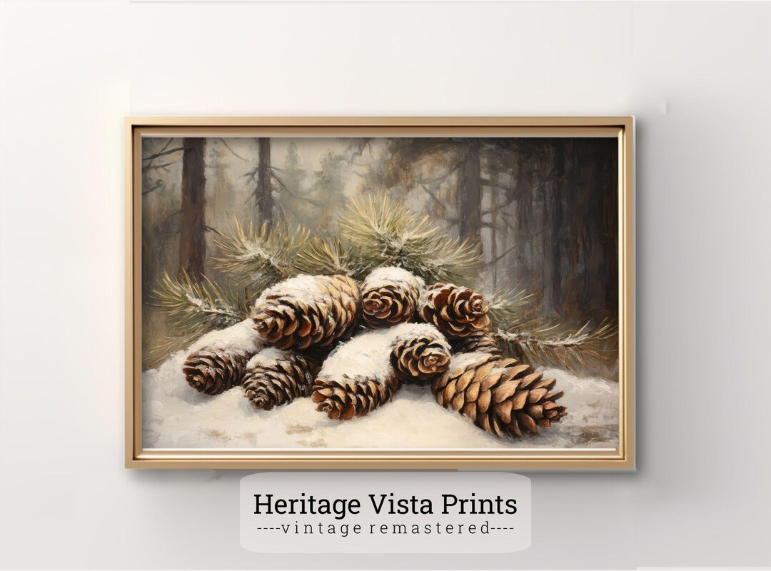 Winter Pine Cones Print: Rustic Snow Scene, Cabin Decor (digital ...