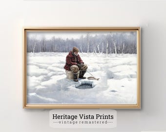 Ice Fishing Art Print: Winter Landscape, Full Moon Night Scene - Etsy